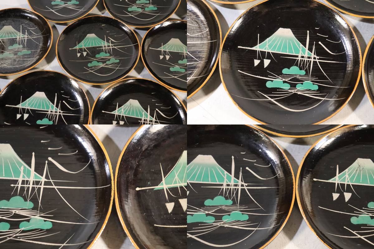 日本代購代標第一品牌【樂淘letao】－E819 銘々盆10枚/漆器/菓子器/木皿/和骨董/和食器/富士山図