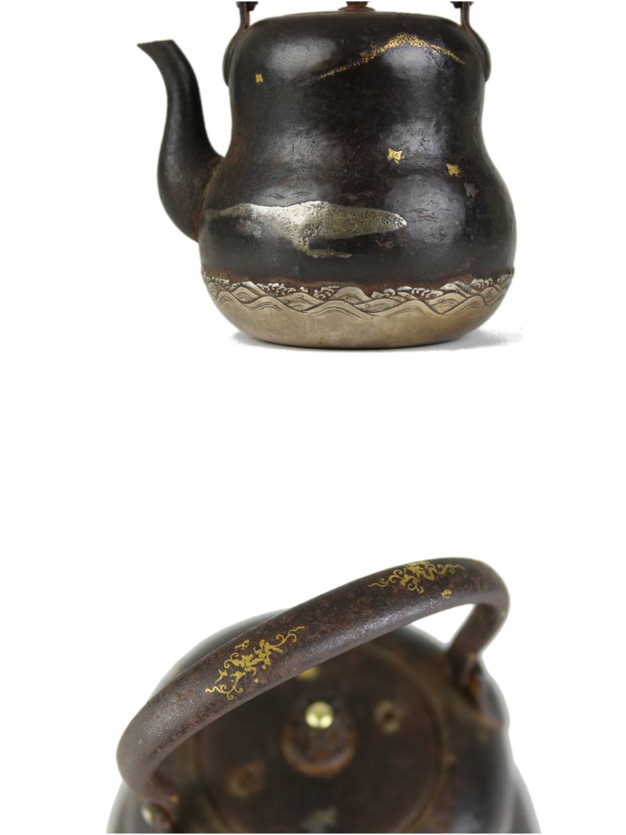 日本代購代標第一品牌【樂淘letao】－【KEI】雪心斎清斎 造 鉄打出 金銀象嵌 鉄瓶 金花押 共箱 （小振 煎茶） K69